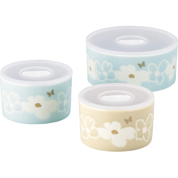 ストッカーM;径13X高さ6cm450mlX1S;径9.5X高さ6cm(230ml)（2柄）陶磁器製、フタ/ポリプロピレンエラストマーシリコン 箱寸;23X20.5X6.5cm 1kg 日本製 山加商店 落ち着いた 花柄 贈り物 ギフト好適