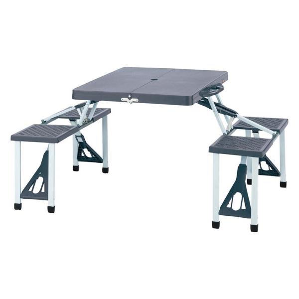 ●最大4人用のテーブル＋イスのセット●持ち運びに便利なオールインワンタイプ●テーブルは使用シーンに応じて2段階の変形が可能●パラソルホール付(支柱の直径約25mmまでのパラソルに対応)●軽量なアルミフレームを使用