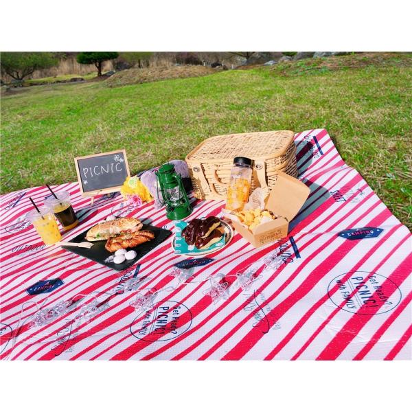 ●フカフカの座り心地！レジャーシート●クッション性も保温性も抜群、厚み4mmのレジャーマットです。●地面からの冷たさや硬さも気にならず、湿気も防ぎます。●3人〜4人座ることができる大きめサイズです。鮮やかなストライプ柄とロゴが、オシャレです...