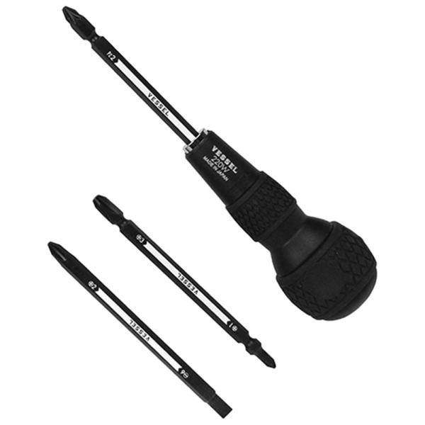 ●ネジの締め付け、緩め作業。●コンセント等の連結端子に使用可能なマイナス刃先、使用頻度の高いプラス2番刃先両頭ビット付属の差替スタビードライバーセットです。●差替ボールグリップとビットのドライバーセットです。