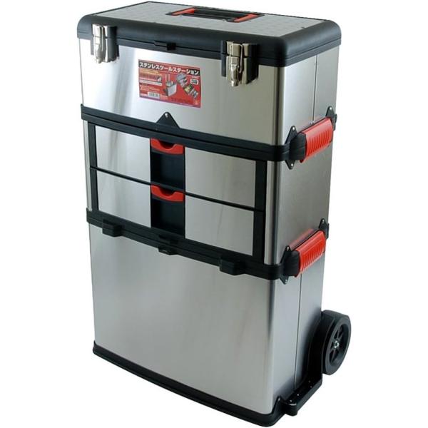 ●用途:小物類・工具等の収納保管・運搬。●高さ調節可能なハンドルとキャスター付で、移動も快適です。●電動工具から小物類まで幅広く収納でき、上段・中断・下段を分割して使用できます。