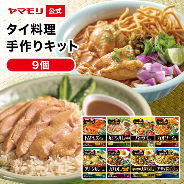 タイクック9個セットヤマモリ　の人気のタイクック　タイ料理合わせ調味料を8種9品をお楽しみいただけます。カオソーイの素（１人前）×２個グリーンカレーの素（２人前）×１個トムヤムクンの素（２人前）×１個カオマンガイの素（２合用）×１個プーパッ...