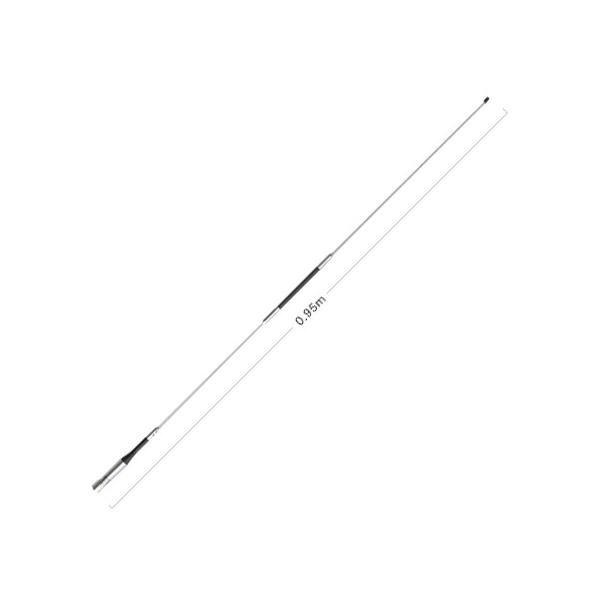 ■351MHzデジタル簡易無線用アンテナ（車載用）●全長：95cm●重量：130g●周波数：351MHz帯●利得：5.15dBi●耐入力：50W●インピーダンス：50Ω●VSWR：1.5以下●接栓：M-P●形式：1/2λ×2段ノンラジアル●...
