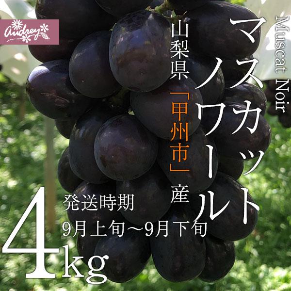 品種：マスカットノワール(種なし）サイズ： 4kg（7〜12房)発送時期：9月上旬〜9月下旬天候などの状況により、出荷予定日が前後する場合がございますが、この点もご容赦いただけますようお願いいたします。マスカットノワール光沢があり、果皮もシ...