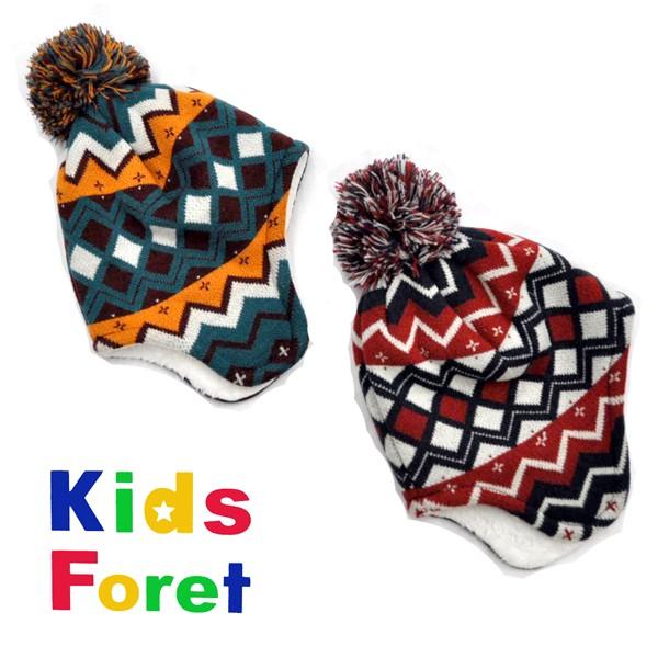 【クリアランスSALE】丸高衣料【Kids Foret／キッズフォーレ】ノルディック系 幾何学 デザイン子供 冬もの 裏ボア ニットキャップ　帽子裏地 ボア起毛 で暖かい　ベビーサイズ------------------------※特徴・...