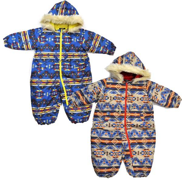 北国の定番品！暖かく冬の外遊びや雪遊びにお薦め♪丸高衣料　Kid Bow／キッドバウノルディック系　デザインキッズ＆ベビーサイズ裏フリース中綿入りスノーコンビです♪------------------※特徴・オシャレなノルディック系プリント...