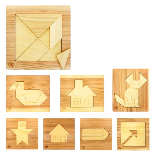 パズル土台/小　共通・サイズ：W247mm×H11mm×D247mm・材質：ヒノキ、スギ、シナ合板パズル土台/大　共通・サイズ：W337mm×H11mm×D288mm・材質：ヒノキ、スギ、シナ合板※タングラムのピースは付きません。