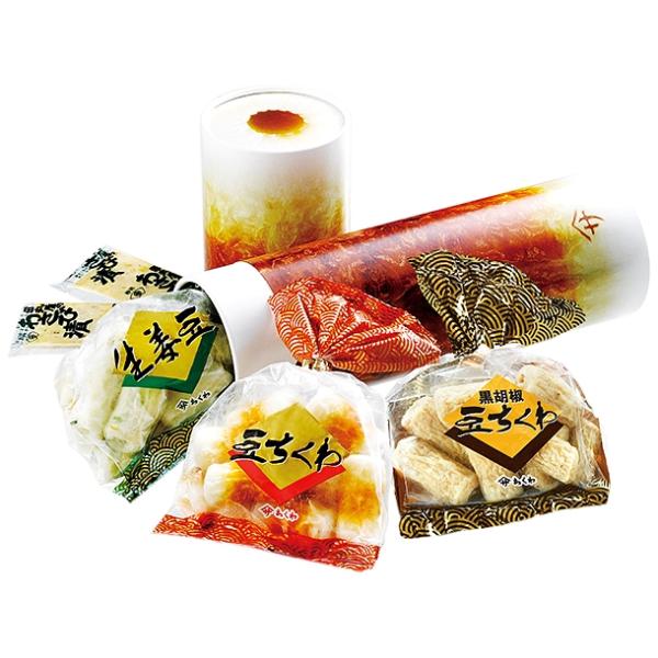 ちくわのパッケージに豆ちくわが3種類とわさび漬が入った面白くてカワイイ詰合せ。ちくわ型のパッケージは発売以来大好評です！＜商品内容＞・豆ちくわ　1袋・生姜豆　1袋・黒胡椒豆ちくわ　1袋・わさび漬　2袋○特製ちくわ型パッケージ入