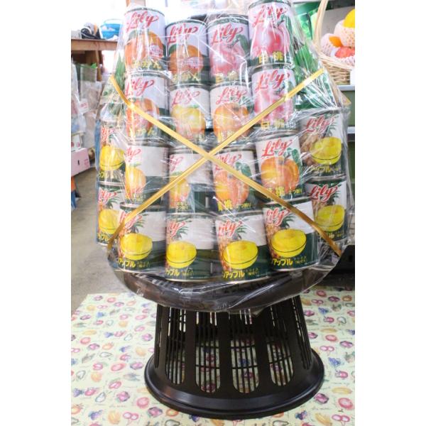 リリー缶詰め　かごもりパイナップル8個　黄桃3個　バートレットペアー3個白桃3個　みかん3個お通夜　お葬式　は黒リボン　黒い札法事などの御供えは黄リボン　黄札をつけさせていただきます。高さ64センチ　横幅48センチ　奥行30センチ　重さ約1...