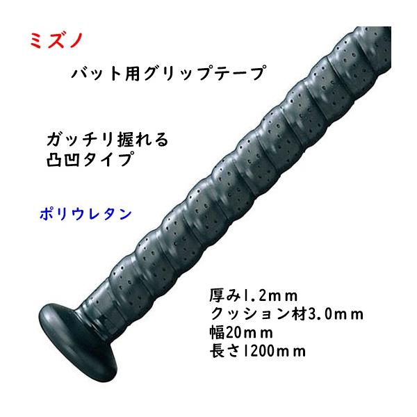 ミズノバット用グリップテープガッチリ凸凹タイプ衝撃吸収材でバッティング時のショックを和らげます　1CJYT13400衝撃吸収材を内蔵、がっちり感がさらにアップ。■カラー　　09：ブラック■サイズ　　20mm×1200mm×1.2mm■素材　...