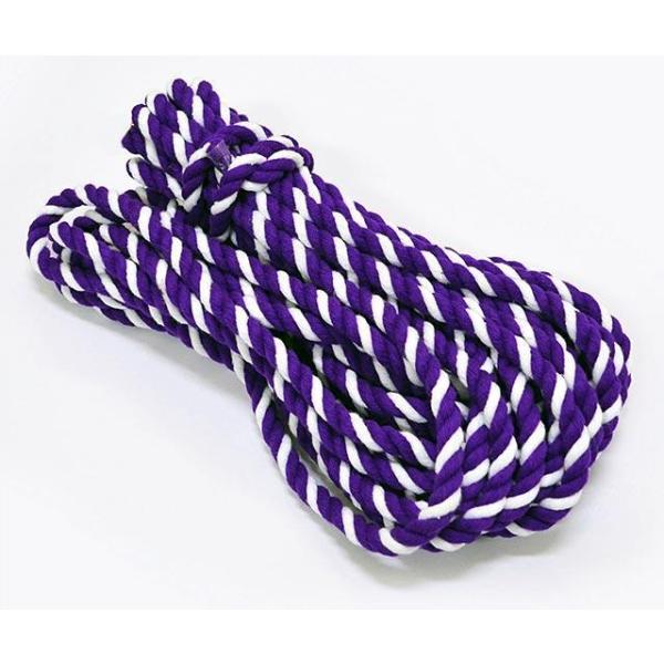 商品名アクリル紫白ロープ・5.4m長♪サイズ直径8mm×長540cm材　質アクリル説　明・耐久性抜群の軽くて丈夫なアクリル製ロープです。・アクリルロープは防炎性能はありません。・ロープのカット部分はほつれ防止のためにテープ巻処理してあります...