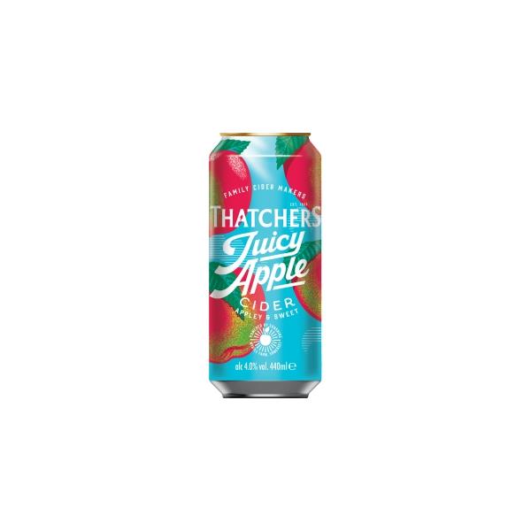 原産国：イギリス、内容量440ml ×24本、アルコール度数：4.0%、保存方法：常温商品番号:05020628004049THATCHERS JUICY APPLE 4.0％ 440ml Can 太陽をたっぷり浴びたリンゴと、100％再生...