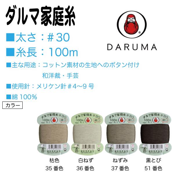 コットン素材の生地へのボタン付け、一般補修用に最適な万能糸。美しい光沢と発色の良さが特徴で、毛羽が少ないのでとても滑りがよく縫いやすい手ぬい糸です。パッチワーク、フェルト手芸などのソーイングクラフトにも使用できます。□太さ：＃30□糸長：1...