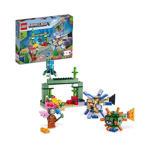 レゴマインクラフト ガーディアンとの闘い(21180)は、ゲームでおなじみのキャラクターやアクセサリー、機能を満載サンゴ礁と海底神殿の組み立てモデルにダイバー、発光イカ、ガーディアン、エルダーガーディアン、ウーパールーパー3体といったおなじ...