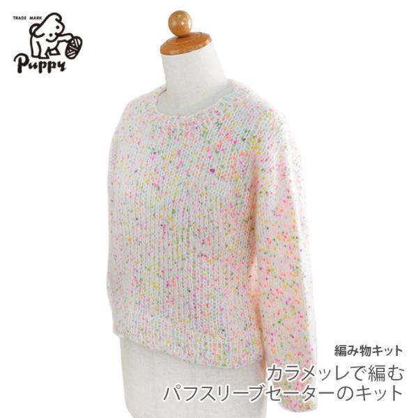 Puppy(パピー)カラメッレで編むパフスリーブセーターのキットカラフルポップなキャンディーカラーがチャーミングなセーター。モヘヤヤーンのふんわりとした空気感にパフスリーブのシルエットがマッチしたセーターは、やさしく編めるデザインも魅力です...