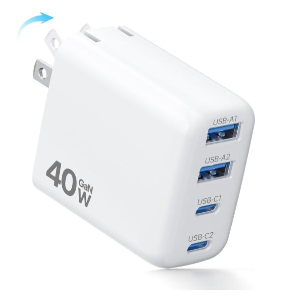 【最大40Wの高出力・4台同時急速充電】：USB-Cポートを2口、USB-Aポートを2口備え、4台同時充電に対応可能です。Apple製品やタブレット端末、ノートPCなどのUSB-C対応機器へ幅広く対応し、 合計最?40Wの?出?によるフルス...