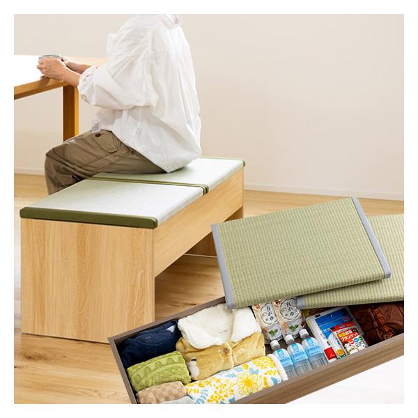 【サイズ】幅120×奧行43×高さ39cm　●収納箇所内寸：幅（約）116×奥行39×高さ13cm　●耐荷重：200kg【材質】本体：合成樹脂化粧パーティクルボード（メラミン）　●座面：表面／い草、ポリプロピレン／中材：発泡ポリエチレン5m...