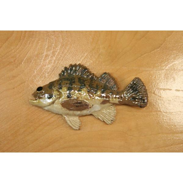 メバルの箸置きです。多くの着色技法を一匹の中に集中させ、本物のような質感を出します。本体・全長約9.5cmx5.5cm。着色：下絵付/上絵付/ラスター彩/金彩。使用粘土4色。手づくり品のため、大きく異なることはありませんが、いっぴき一匹やや...