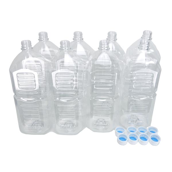 品番　ns000111品名　空 ペットボトル容器 2L 角型 8本 ふた付サイズ　高さ　約303mm正面幅　約106mm　横幅　約89mm口径（内寸）約21mmふた　スクリュー式28パイ材質　PET入り数　8本、ふた8個水、お茶等の保存用ペ...