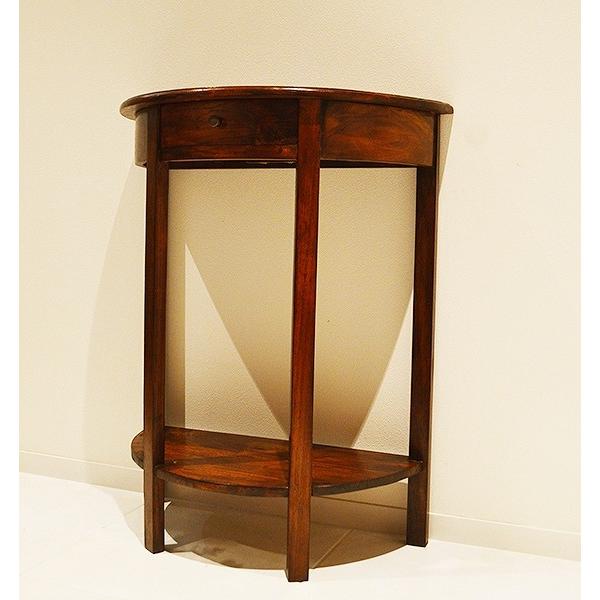 【サイズ】・全体サイズ：幅60cm×奥行30cm×高さ75cm・引出内寸：幅20cm×奥行19cm×深さ5cm【素材】チーク材無垢【コメント】チークの木目が美しいハーフムーン型のコンソールテーブル♪無垢のチークの木目と重厚さとシンプルな豪華...