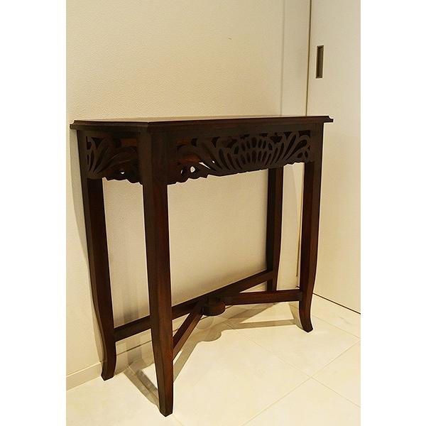 【サイズ】全体サイズ：幅80cm×奥行25cm×高さ75cm【素材】マホガニー材【コメント】透かし彫りが美しい薄型のコンソールテーブル♪省スペースで設置出来る25cmの奥行のコンソールテーブルです！透かし彫りが正面と両サイドに施されており贅...