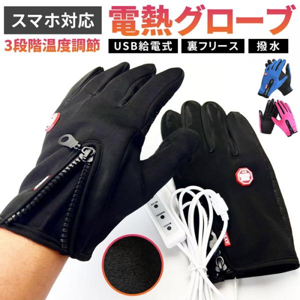 電熱手袋 ヒーター付き USB給電式 3段階温度調節 スマホ対応 男女兼用 裏フリース 撥水 ホットグローブ 電熱グローブ 配色 柔らかい ファスナー付き 2way グローブ 手袋 バイク 自転車 散歩 魚釣り 洗濯可能品番：shenli0...