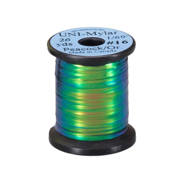 ホロ効果を狙うならこのマイラーで張りのある丈夫なティンセルでストリーマーやウェットのボディはもとより、ウェットのタグ、管釣りフライのアンダーボディ、ピューパ、ミッジのボディと様々なパターンに必須のマテリアルです。TIMCO  UNI-MYL...