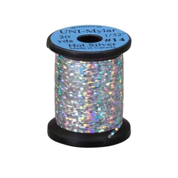 ホロ効果を狙うならこのマイラーで張りのある丈夫なティンセルでストリーマーやウェットのボディはもとより、ウェットのタグ、管釣りフライのアンダーボディ、ピューパ、ミッジのボディと様々なパターンに必須のマテリアルです。TIMCO  UNI-MYL...
