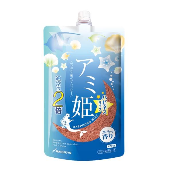 堤防・サビキ釣り用配合エサアミ姫 ハピネスサイズたっぷり遊べて、みんなハッピー！下カゴで50〜60杯分※1、上カゴで20〜22杯分※2と、たっぷり遊びたいときなどに、お得に使える2倍（1,200g）の大容量。「アミ姫」同様に粒がしっかりした...