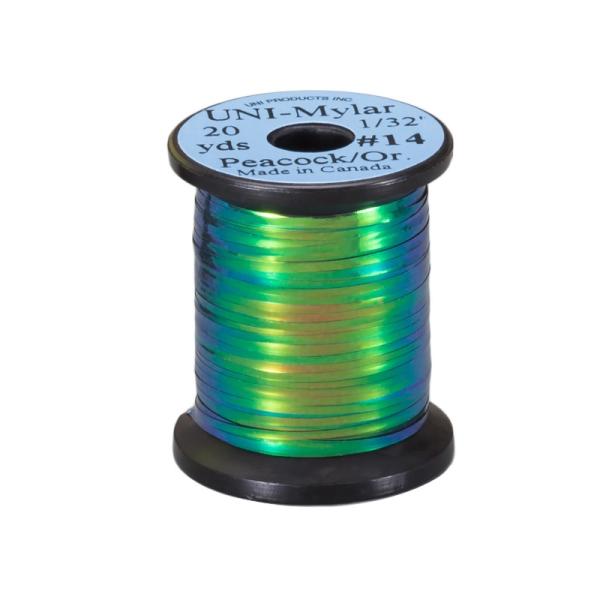 ホロ効果を狙うならこのマイラーで張りのある丈夫なティンセルでストリーマーやウェットのボディはもとより、ウェットのタグ、管釣りフライのアンダーボディ、ピューパ、ミッジのボディと様々なパターンに必須のマテリアルです。TIMCO  UNI-MYL...