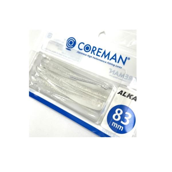アクション1：ノーアクションアクション2：フラッタリングアクション3：ダートCOREMAN  ALKALI  83mmコアマン　アルカリ　83mm●カラー：#026 シラス●全長：83mm●入数： 6本