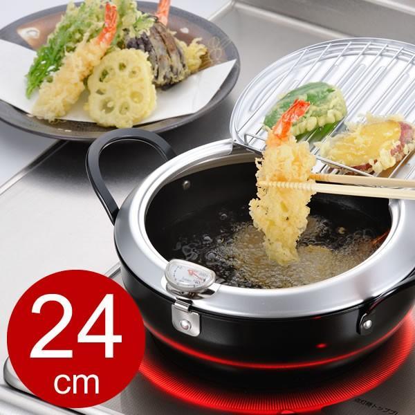 寸法:24cm満水容量:3.2L材質:本体/鉄（底の厚さ1.6mm）、シリコン焼付け塗装　フード/鉄、焼付け塗装　アミ/鉄、クロムメッキ品番:TM-9090製造国:日本メーカー:和平フレイズ日本製 国産 てんぷら 天婦羅 揚物 揚げもの 鍋...