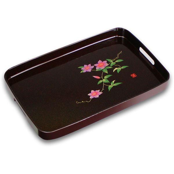 サイズ（約）:48×31.5×高さ4.5cm重量:850g材質:ユリア樹脂（ウレタン塗装）製造国:日本メーカー:橋本達之助工芸トレー 角型 スクエア 鉄仙柄 上品 持ち手付き 配膳 おぼん 蒔絵 日本製 普段使い 便利 使いやすい 簡単手入...