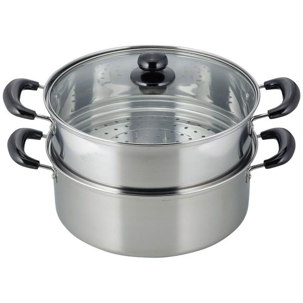 カラー：シルバーサイズ：二段蒸し器26cmスタイル：単品上鍋:16-0ステンレス鋼、下鍋:16-0ステンレス鋼(底の厚さ0.45mm)、ガラス蓋:強化ガラス、蓋・つまみ:フェノール樹脂鍋の高さ:10.6cm商品サイズ:約 幅37.9×奥行2...