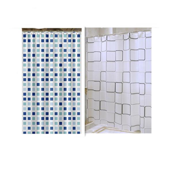 オシャレなシャワーカーテン　防水防カビ加工　カーテンリング付属シンプルな白黒スクエア柄と青チェック柄からお選び頂けます。バスルームの他、子供部屋やワンルームなどの間仕切りなどにもどうぞ！サイズ：180cm×200cm（幅×高さ）素材：PEV...