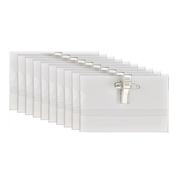 名札ケース10枚セット素材:本体：PVC、クリップ：スチール※ケースのみ、中紙がありませんサイズ　カード寸法：縦5.5×横9cm　【独特な設計】安全ピンとクリップの両用タイプとなっているので、多くのシーンで使用可能です。【適用範囲】名札、I...