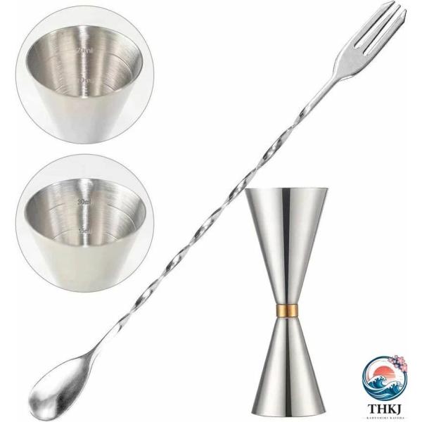 「バーテンダーセット」目盛り付き30ml/45mlジガーカップx 1、30cmバースプーン×1。プロのバーテンダーでも一般人でも、最もベースなバーテンダーツールセットです。  「上質なステンレス」厳選されたステンレス素材で作り上げ、耐久性が...