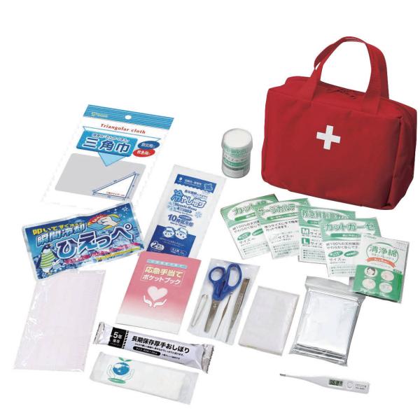 小型バッグで携帯できる本格的な救急セットです。内容・救急バッグ（100×230×155mm）/ポリエステル・大判厚手おしぼり・防寒シート・カット綿×3枚・カットガーゼ×3枚・包帯・救急絆創膏2サイズ×3枚・サージカルテープ・清浄綿2枚入×3...