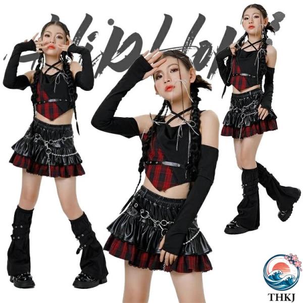 チェック柄 キッズ ダンス ダンス衣装 赤黒 女の子 ガールズ へそ出し レザー スカート レッグウォーマー ダンスウェア 発表会 応援団 イベント ジュニア カッコ