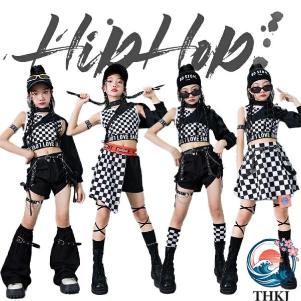 チェック柄 ダンス キッズ 女の子 黒白 Y2K へそ出し ダンス衣装  アームフォーマー ガールズ 無袖 スカート チェック柄スカート 短パン