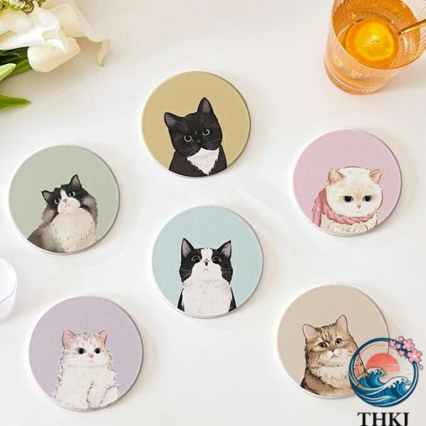 珪藻土コースター ねこ柄 猫 吸水コースター 速乾 丸型 マグ お茶パッド 可愛い　断熱 小さめ 高級 おしゃれ 滑り止め コーヒー 茶托 家庭用 オフィス用 吸水 &amp; 断熱完備?カートゥーン猫コースター、コーヒータイムをキュートに...