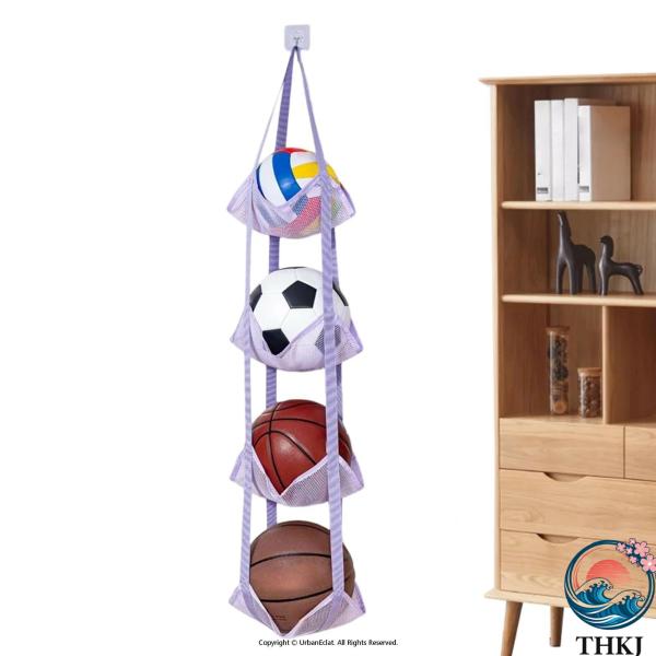 ボール収納 吊り下げ式 ボールネット メッシュラック 3段 4段 縦型収納 省スペース 壁掛け 収納ポケット ボールバッグ バスケットボール サッカーボール バレー