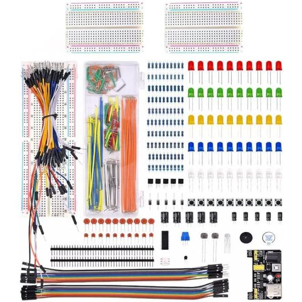 ●電源モジュール（MB102）入力電圧:6.5-12V 出力電圧:3.3V、5Vの切り替え可能　最大出力電流 700mA●ブレッドボード大×１個●ブレッドボード小×２個●ジャンパー線●ジャンパーワイヤー140本●オスメス10本、メスメス10...