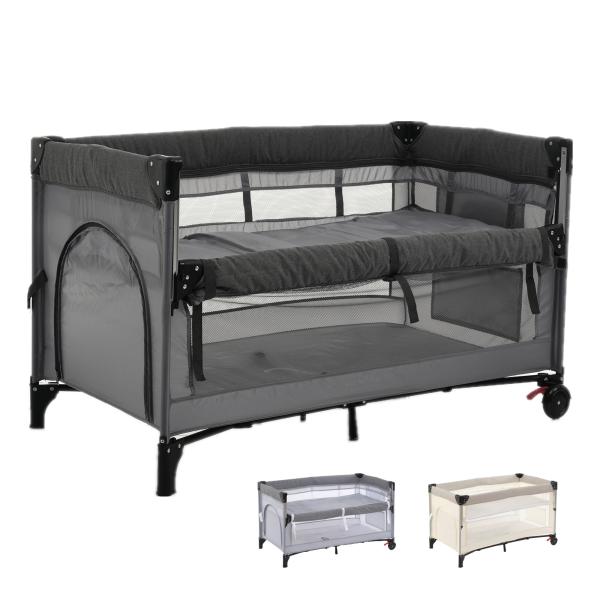 【商品仕様】 素材本体：アルミニウム合金+オックスフォード； 梱包数：1 ；対象年齢： 上段：0〜6ヶ月 下段：0〜3歳 ；関連キーワード：ベビーベッド 折りたたみ 軽量 キャスター付き 添い寝 プレイヤード 出産祝い ギフト 新生児 おし...