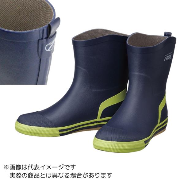 ●大阪漁具 PROX●商品名：ショートデッキブーツ●詳細滑りやすい船上に対応するデッキソールのフィッシングブーツ。後方のプルストラップとショートレングスで着脱が容易。船上専用の防水ブーツ。商品コード：PX50823LNカラー：ネイビーサイズ...