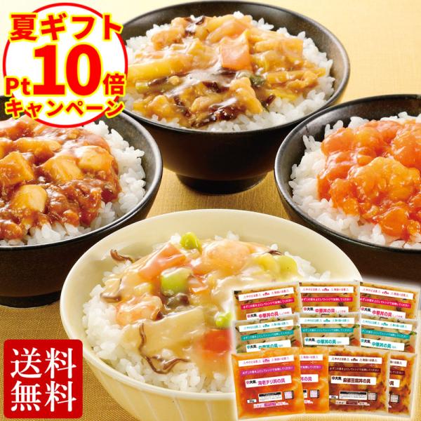 お茶碗一杯分の幸せ。手軽さが嬉しいミニ丼の具シリーズの贈り物【商品内容】大龍　ミニ丼中華丼の具（塩味）　90g×3袋、大龍　ミニ丼中華丼の具（醤油味）　90g×3袋、大龍　ミニ丼麻婆豆腐丼の具　90g×2袋、大龍　ミニ丼海老チリ丼の具　90...