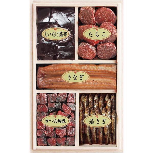 商品名：新橋玉木屋 特選佃煮5種入 15195商品内容：●鰻の蒲焼８５．１┣ｇ┫、たらこ８０┣ｇ┫、かつお角煮８０┣ｇ┫、椎茸昆布７０┣ｇ┫、若さぎあめ煮５０┣ｇ┫オススメポイント：玉木屋特選つくだ煮の５種詰め合わせ。玉木屋の中でも特に人気...