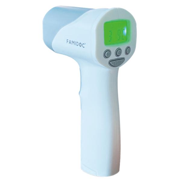皮膚赤外線体温計のFAMIDOC（ファミドックプラス）おでこで肌に触れず1秒で体温を測定します。●　介護や家庭での毎日の検温に●　赤ちゃんや小さいお子さまに●　肌に触れずに測定、衛生的簡単、約1秒測定。メモリー機能、32件可能。測定時にバッ...