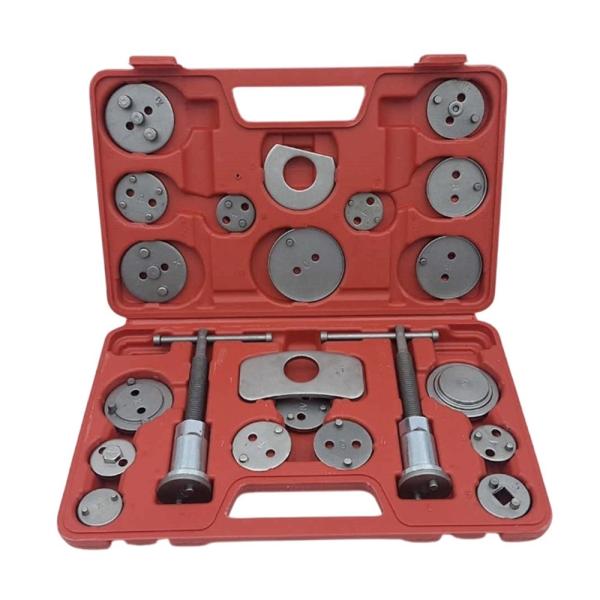 国産車・輸入車に幅広く対応するディスクブレーキキャリパー用 ピストン押し戻しツール 22点セットです。ブレーキパッド交換時に必要となる、キャリパーピストンの押し戻し・回し戻し作業を安全かつスムーズに行えます。【商品特徴】国産車・輸入車対応の...