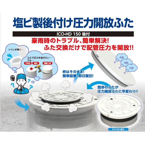 ●ゴミ・汚れが付きにくい蓋本体のシール部が１０ｍｍ高い位置にあるのでよごれにくい●雨水が溜まっても圧力解放できる（１０ｍｍ冠水まで対応）集中豪雨などで冠水しても１０ｍｍ冠水まで圧力解放できます。●内径接続型（パイプ内に入ります）